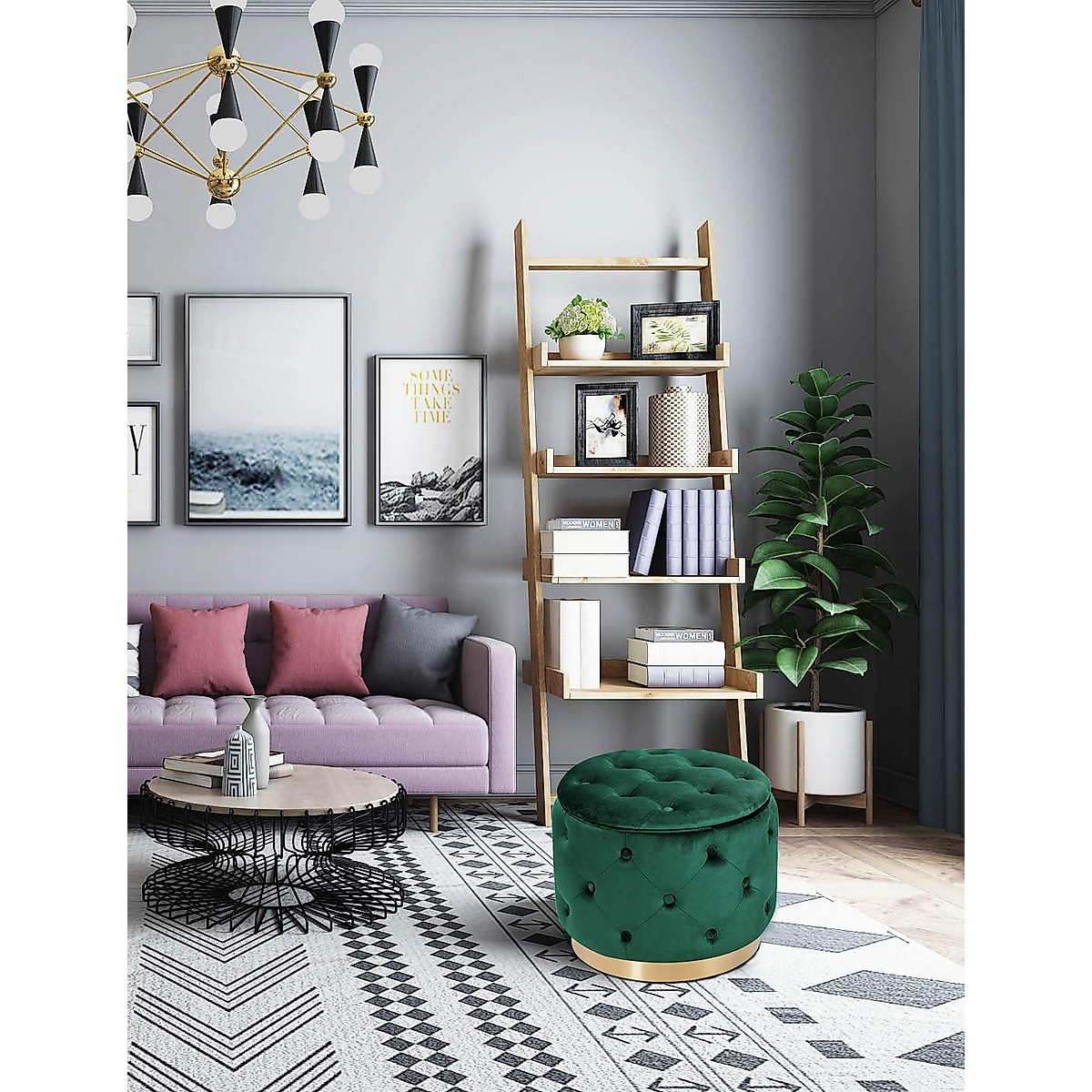 DEERUN Modern Velvet Tufted Button Upholstered Round Storage Ottoman Foot Rest Stool, Vanity Stool, Green