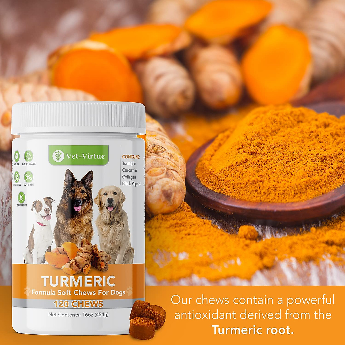 Turmeric for Dogs - Organic Turmeric with Curcumin, Hip and Joint Supplement Dogs Soft Chew, with Collagen and Bioprene, High Absorption Eliminates Joint Pain Inflammation - 120 Count