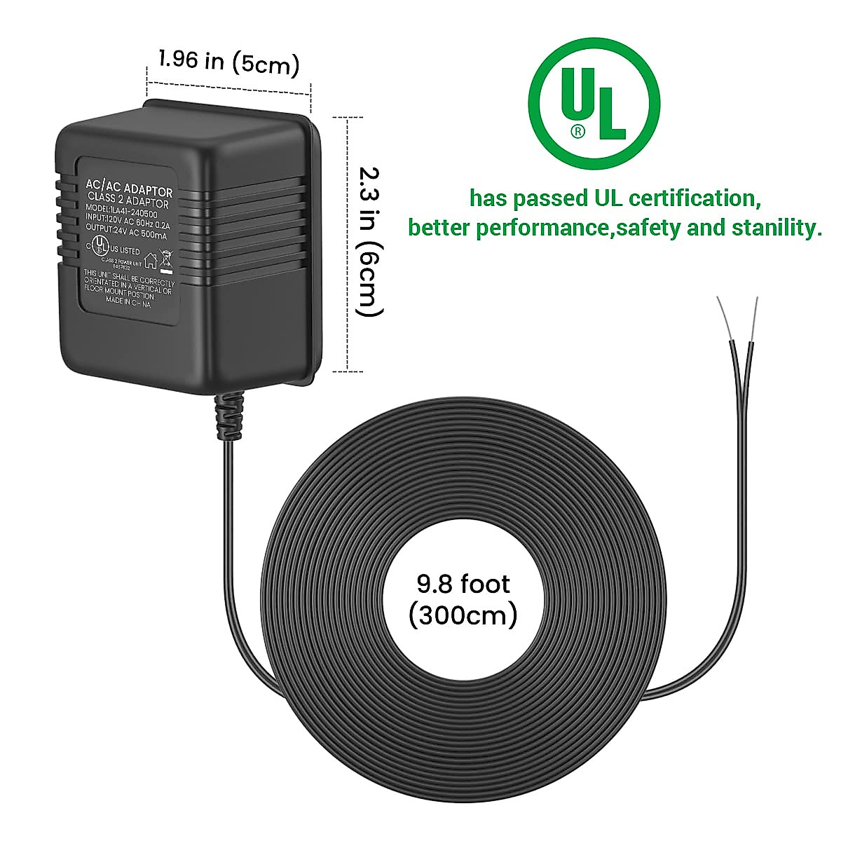 Auspow 24Volt 500mA UL Certified Doorbell Transformer, C Wire Adapter Thermostat, Competible with All Versions of Ring Doorbell and Thermostat for Nest Ecobee(16.4FT Charging Cable-UL Certified)