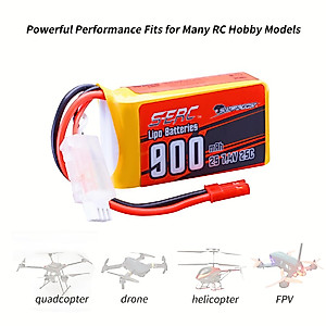 SUNPADOW 7.4V 2S RC Small Lipo Battery 25C 900mAh with JST Connector Rechargeable for RC Airplane Receiver Aircraft Quadcopter Helicopter Drone FPV (2 Count)