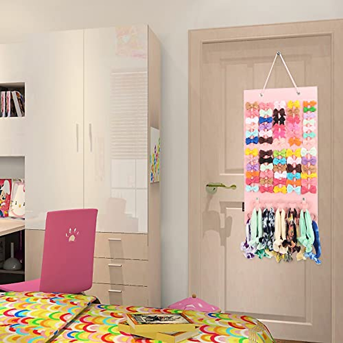 PACMAXI Hair Bows Holder for Baby Girl, Hair Clips Storage Hanger Hair Bows Organizer Storage w/ Heart-Shape Velvet Hangers, Baby Hair Headband Wall Display Stand (Pink)