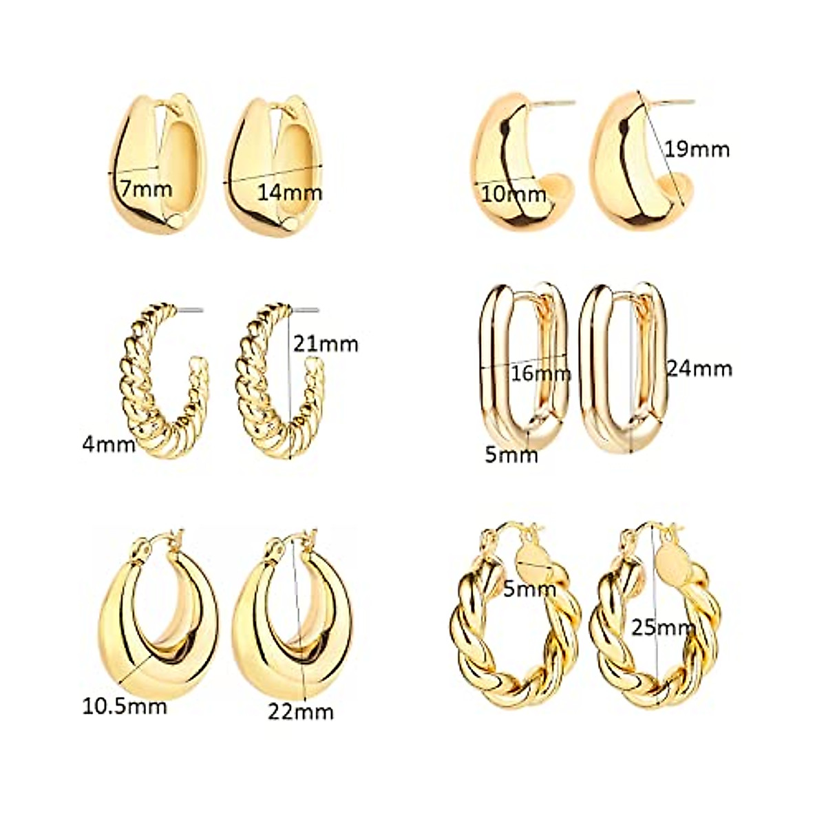 6 Pairs 14K Gold Hoop Earrings for Women Lightweight Chunky Hoop Earrings Multipack Hypoallergenic, Thick Open Twisted Huggie Hoops Earring Set Jewelry for Gifts. (Gold)
