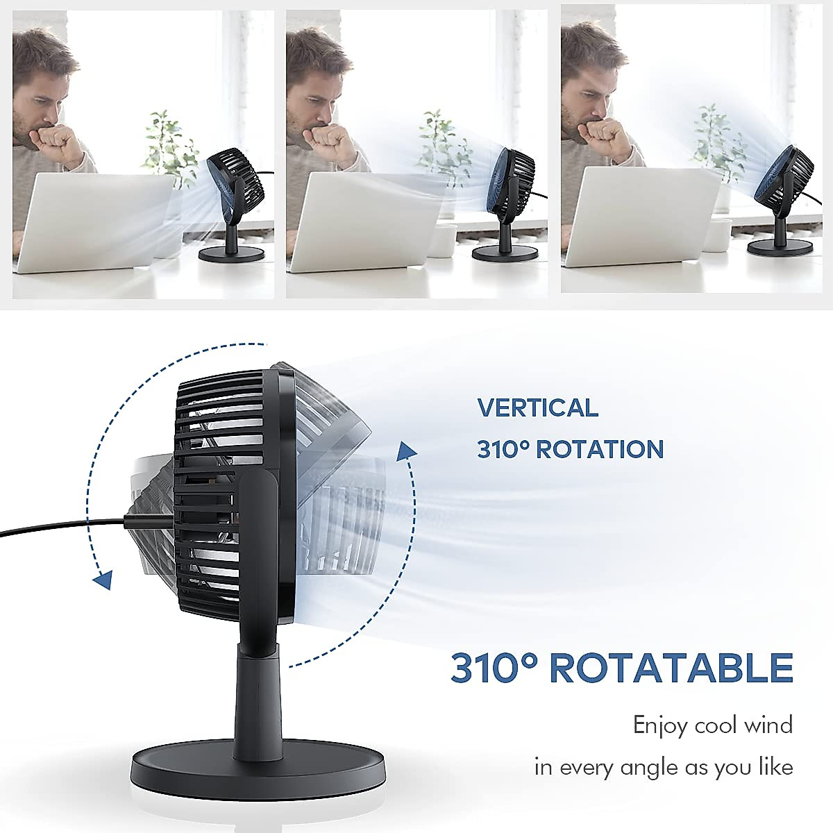 Small Personal USB Powered Fan with 4 Speeds, Portable Desk Fans with 310° Rotation, Mini Powerful Table Fans, Ultra Quiet Air Cooling Fan for Office, Bedroom, Easy to Store, Strong, Compact-Black