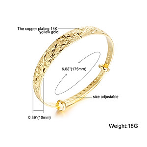 L & J 18K Yellow Gold Diamond Cut Classical Adjustable Bangle Bracelet for Women