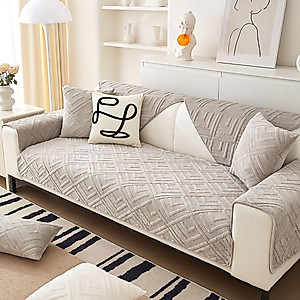 vctops Luxury Velvet Plush Couch Sofa Cover Geometric Quilted Sectional Couch Covers Anti-Slip Sofa Slipcovers for Dogs Cats Kids Loveseat Recliner L Shaped Armrest Backrest (Light Grey,43"x82")