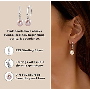 The Pearl Source Genuine AAA Quality 9mm Pink Freshwater Cultured Real Pearl Dangle Earrings for Women | Trendy Valentine Girls Prom Bridesmaid Wedding Earring | 14K Gold Plated 925 Sterling Silver