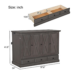 Tdewlye Full Size Murphy Bed, Solid Pine Murphy Bed Chest Cube Cabinet Bed with Charging Station and Large Storage Drawer for Home Office Or Small Room (Gray-j)