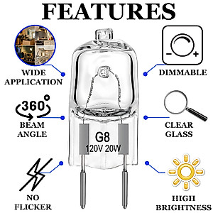 G8 Halogen Light Bulbs 2 pin - G8 Base 20 Watt Light Bulb 120V Dimmable Warm White 2700K - T4 JCD Type Under Cabinet Lighting Bi-Pin Puck Light Bulbs, 10 pack