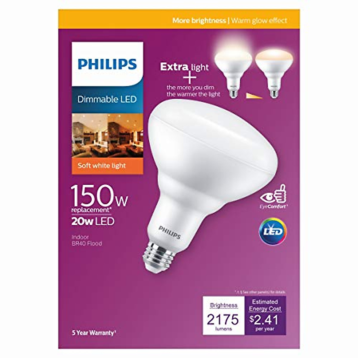 Philips LED Flicker-Free BR40 Light Bulb, Dimmable Warm Glow Effect, EyeComfort Technology, 2175 Lumen, 2200-2700K, 20W=150W, E26 Base, Title 20 Certified, 4-Pack