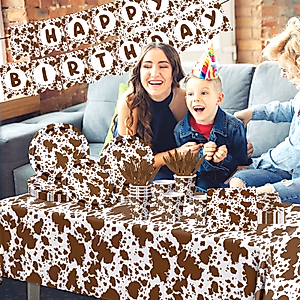 Highland Cow Decorations, 142Pcs Cow Print Plates and Napkins Party Supplies, Brown Cow Birthday Party Decorations Tableware Cups Tablecloth for Cow Baby Shower Farm Cowboy Theme Party