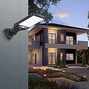 Qiopertar Solar Street Light, IP65 Waterproof Outdoor Solar Powered Street Lights Dusk to Da-wn with Motion Sensor LED Security Flo-od Light for Drive-Way Parking Lot (B)