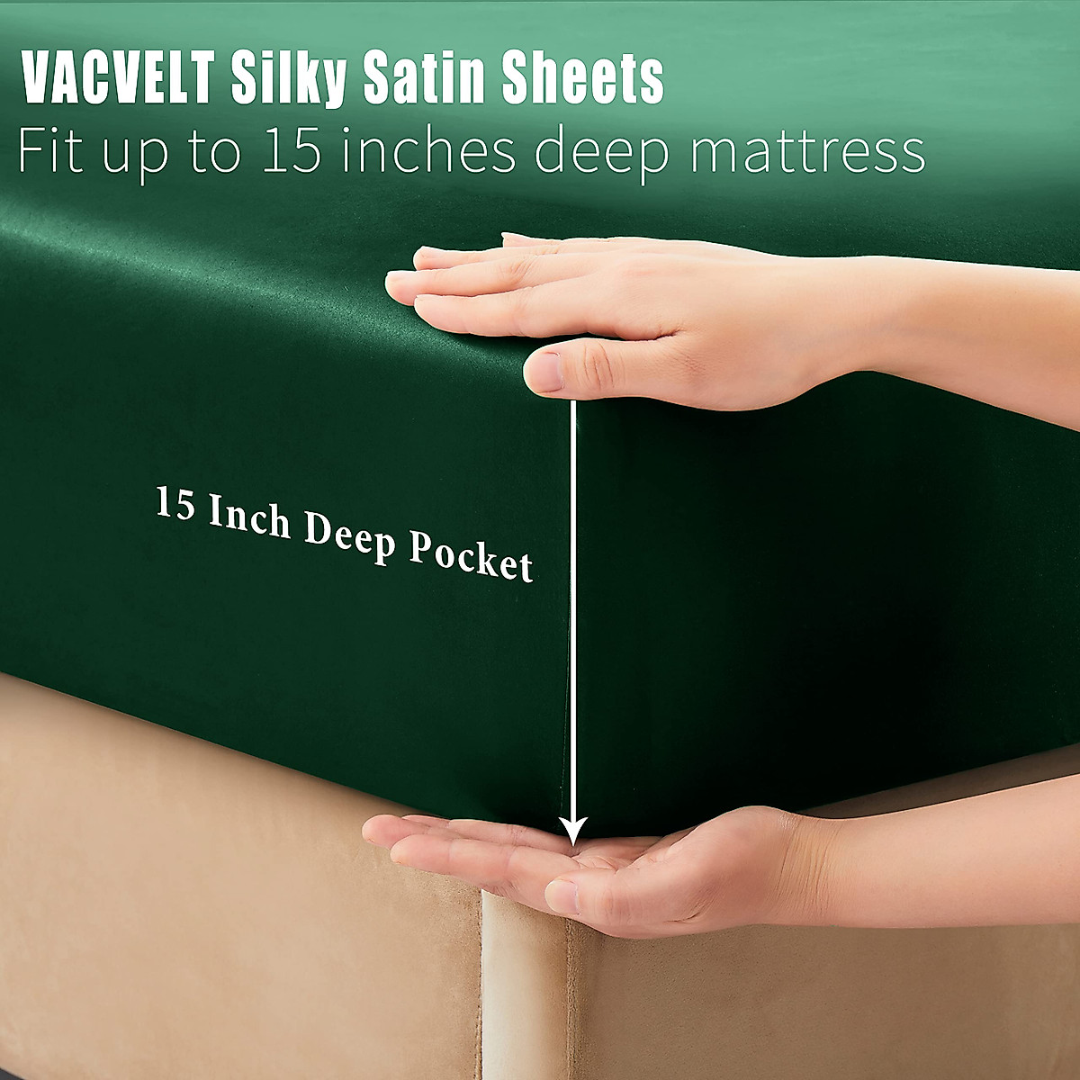 VACVELT 3pcs Emerald Green Satin Sheets Twin Size Bed Set, 15 Inch Deep Pocket Silky Satin Sheet Set, Soft Satin Bedding Set Cooling & Luxury Bed Sheets, 1 Fitted Sheet + 1 Flat Sheet + 1 Pillowcase