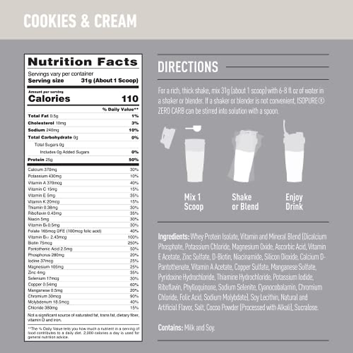 Isopure Protein Powder, Zero Carb Whey Isolate with Vitamin C & Zinc for Immune Support, 25g Protein, Keto Friendly, Cookies & Cream, 44 Servings, 3 Pounds (Packaging May Vary)