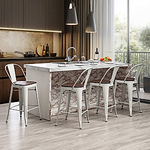 Aklaus Metal Bar Stools Set of 4, 24 inch Counter Height Bar Stools with Backs, Farmhouse Style, Larger Seat, High Back Kitchen Dining Chairs, Cream White Stool