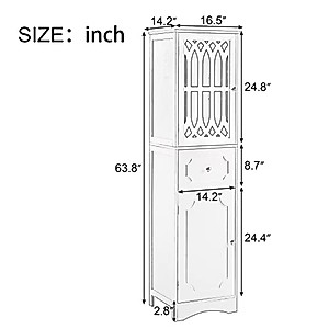 Merax Freestanding Linen Tower Bathroom Storage Cabinet with Adjustable Shelf, Drawer and 2 Doors, Tall Slim, 16.5" L x 14.2''W x 63.8''H, White