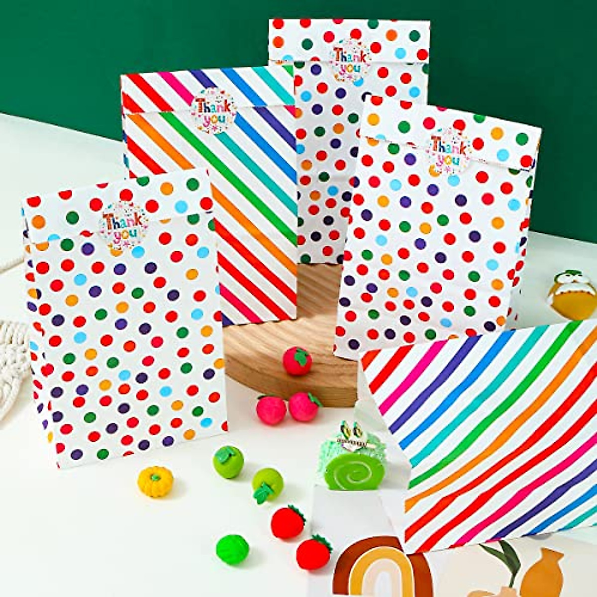 Vammy 24 Pieces Rainbow Party Favor Paper Bags, Food Safe Kraft Paper Gift Bags Sweet Candy Goodie Treat Bags with 24 Stickers for Birthday Party Wedding Christmas, 5.1 x 3.1 x 9.4 Inch