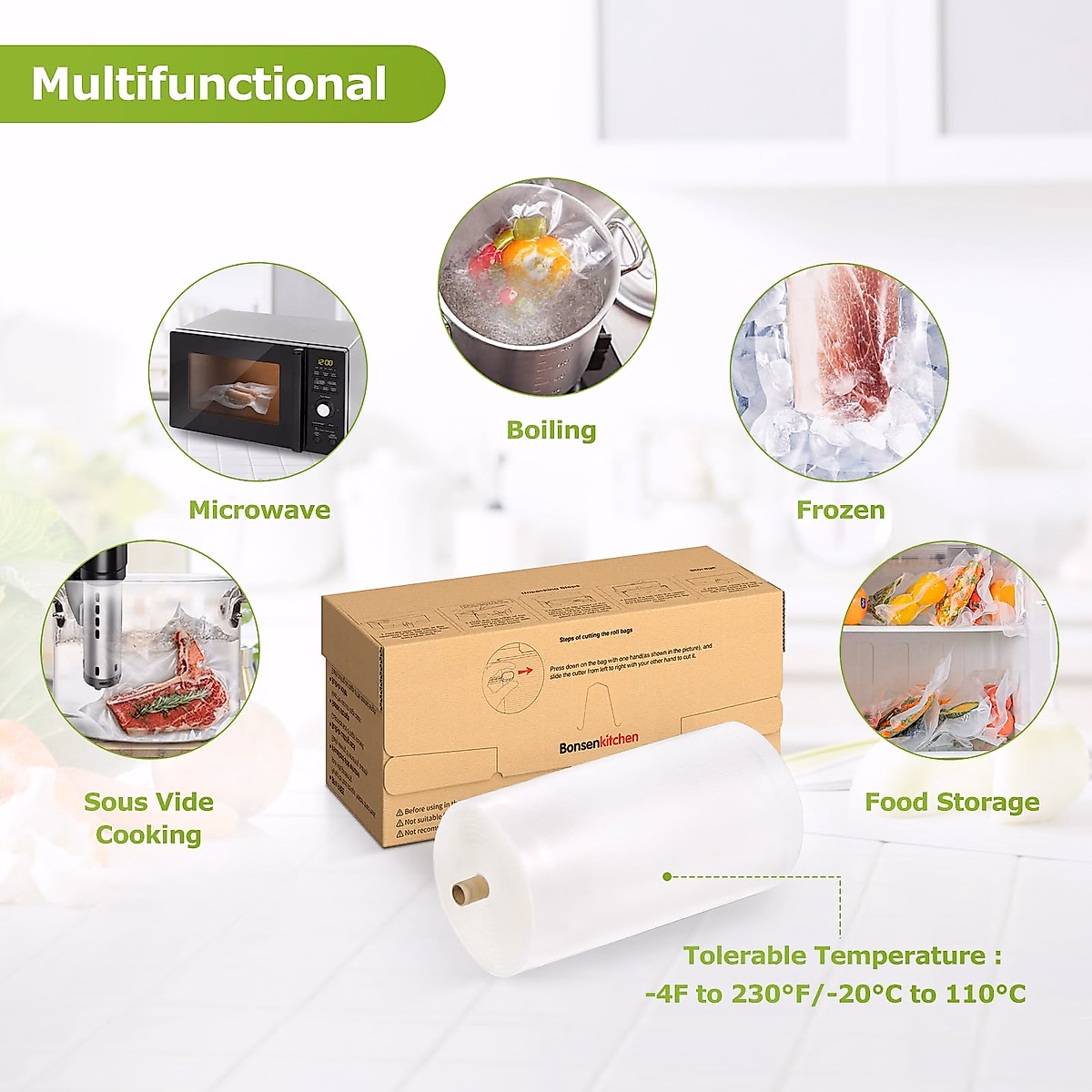 Bonsenkitchen 11” x 150’ Food Vacuum Seal Roll Keeper with Cutter, Vacuum Sealer Bags Rolls for Food Storage, Commercial Grade, BPA Free, Great for Meal Prep and Sous Vide Cooking