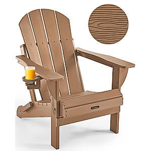 Ciokea Folding Adirondack Chair Wood Texture, Patio Adirondack Chair Weather Resistant, Plastic Fire Pit Chair with Cup Holder, Lawn Chair for Outdoor Porch Garden Backyard Deck (Teak)