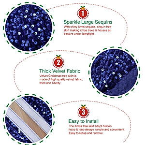Navy Blue Sparkly Sequin Tree Skirt 36 Inches Christmas Ring Glitter Collar Blanket for Halloween 6ft Tree Navy Xmas Velvet Skirt for Home Festival Decoration