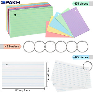 Epakh 300 Pieces Back to School Index Cards 180 GSM Thick Flashcards with Rings Punched Index Flashcards on a Ring Ruled Note Cards for Adults Home(3 x 5 Inch,Light Color)