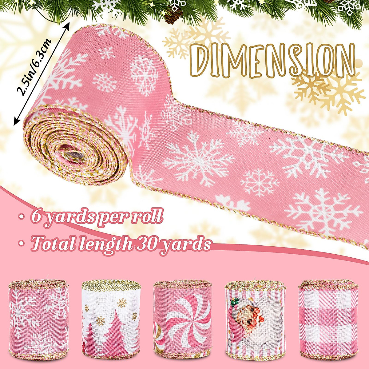 AnyDesign 30 Yards Christmas Wired Edge Ribbon 2.5 Inch Pink White Checkered Snowman Snowflake Craft Ribbon Gold Glitter Wired Fabric Ribbon for Wrapping DIY Bow Wreath Crafts Making, 5 Rolls