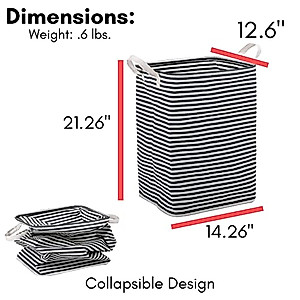 BIRDROCK HOME 61L Collapsible Single Square Laundry Hamper Basket - Grey & White Stripes Bin - Compact Dirty Clothes Organizer Bag - Lightweight Tote