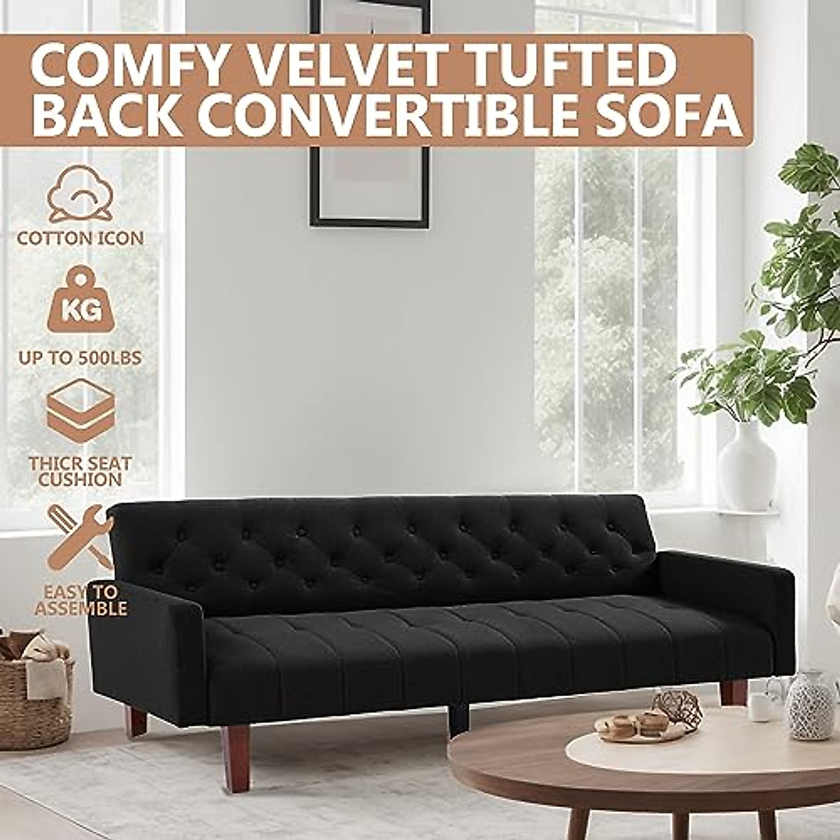 Fangflower Black Tufted Back Sofa Bed Mid-Century Convertible Sleeper Futon with Tapered Wood Legs for Living Room Apartment Lounge