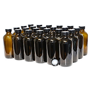 GlassBottleOutlet (Pack of 24) 8 oz. Amber Boston Round with Black Poly Cone Cap