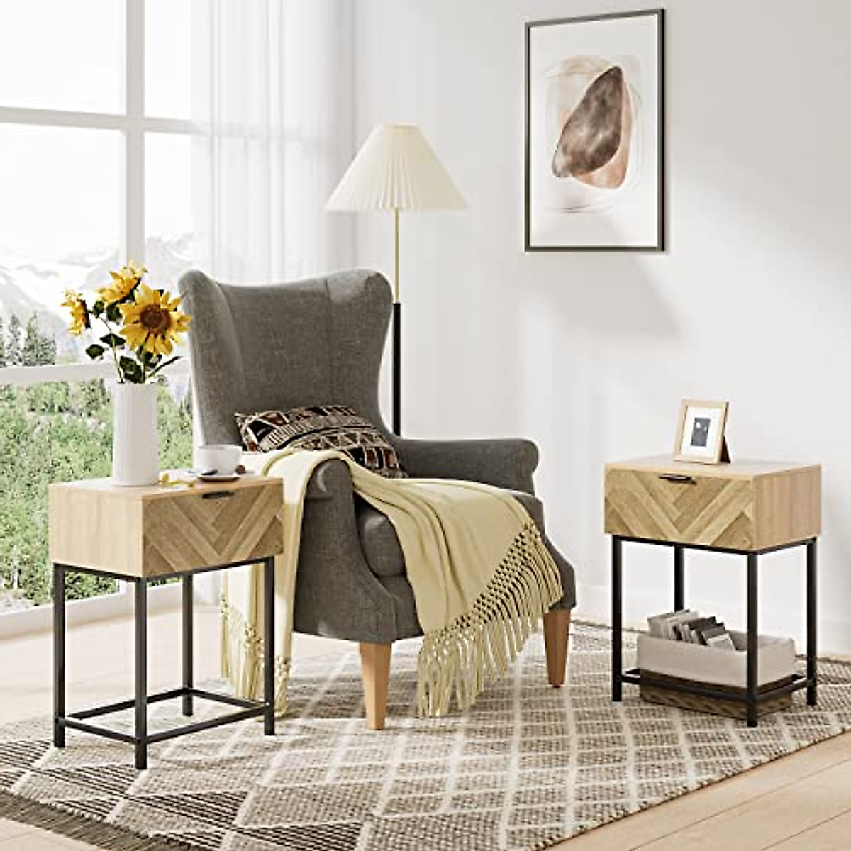 Masupu Nightstand,Bedside Tables with Storage Drawer,Tall Nightstand with Herringbone Pattern,Bedside Furniture,Small Side Table for Small Spaces, Bedroom, Living Room, Rustic Oak