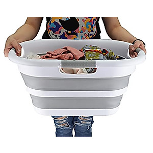 SAMMART 30L (7.9 gallon) Collapsible Plastic Laundry Basket - Foldable Pop Up Storage Container/Organizer - Portable Washing Tub - Space Saving Hamper/Basket (1, White/Grey)