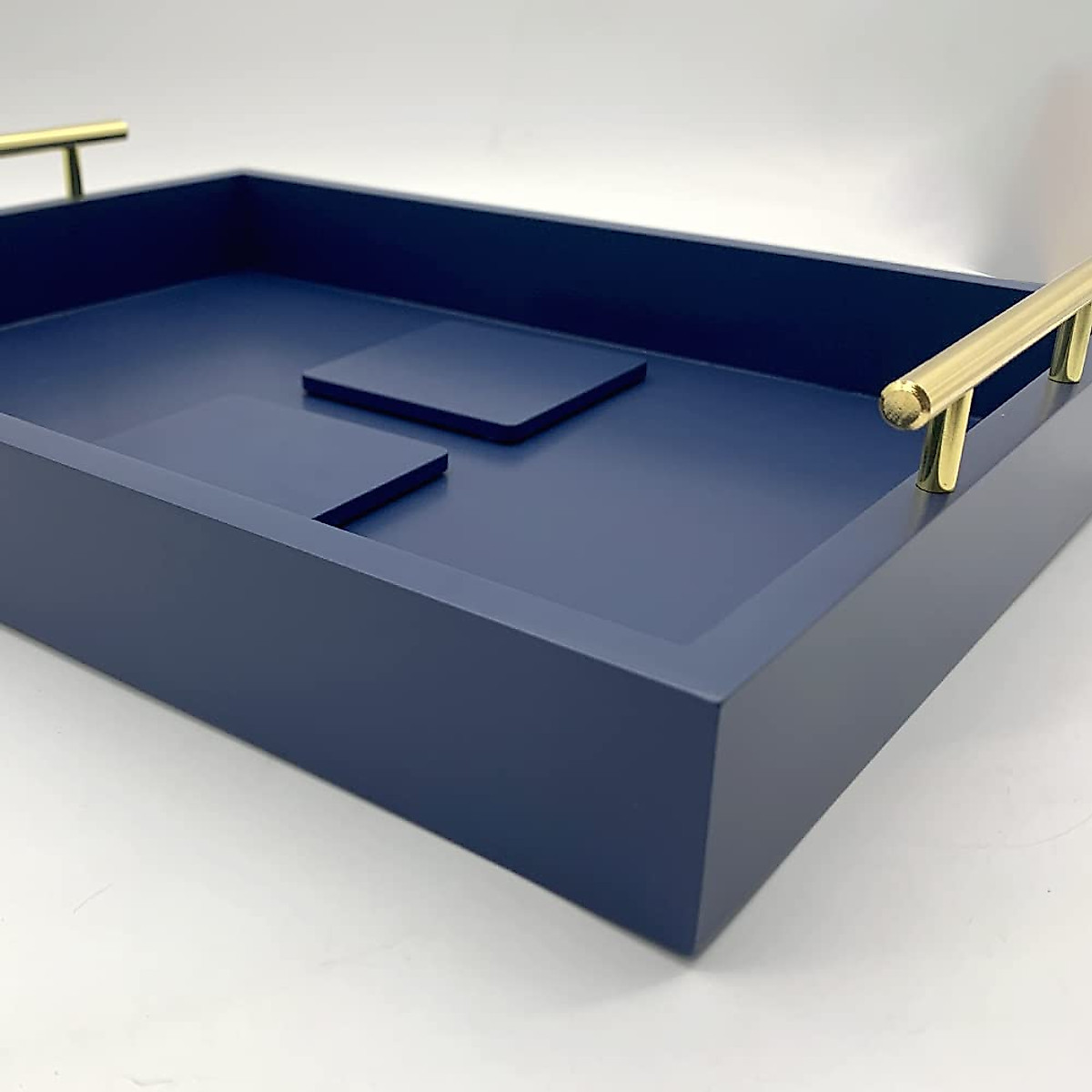 Simoei Serving Tray, Deluxe Tray for Coffee Table with Polished Gold Metal Handles and 2 Coasters, Living Room Bathroom Organizer Modern Decorative Tray, for Storage Or Display (Blue)