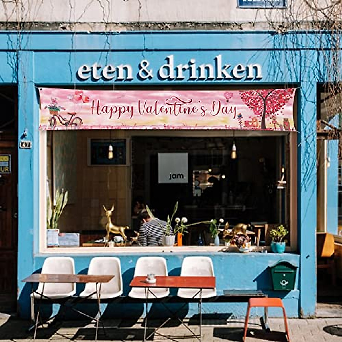 Large Happy Valentines Day Banner Outdoor Decorations 120" x 20" Valentine's Yard Sign Pink Hearts Tree Bicycle Balloons Bears Flowers Birds Holiday Party Supplies Valentine Backdrop Home Decor with Brass Grommets for Garden House Fence Garage Indoor Gift