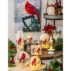 Cypress Home Beautiful Pine Cones and Cardinal Hand Painted Glass LED Globe Table Décor, Set of 2-7 x 7 x 7 Inches Indoor/Outdoor Decoration for Homes, Yards and Gardens