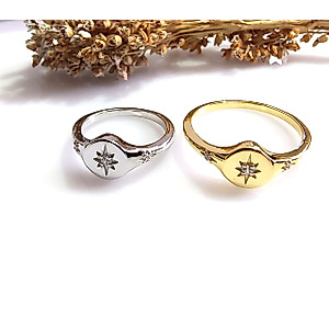 Sterling Silver Signet Ring, Cz Ring, North Star Ring, Polaris Ring, Unique Silver Ring, Star Signet Ring, Starburst Ring, Celestial Ring (White, 5)
