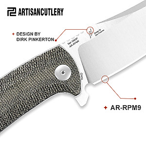 ARTISANCUTLERY Folding Knife Arroyo (ATZ-1845) AR-RPM9 Powder Steel Balde Micarta Tactical Handle Pocket Folding Knife EDC OD Green Micarta