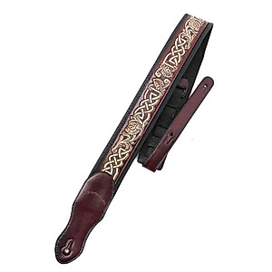 Walker & Williams KB-05-BRN Dark Walnut Full Grain Center Block Carving Leather Padded Guitar Strap With Aged White Celtic Chain
