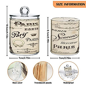 DOMIKING Paris Calligraphy 2 Pack Cotton Swab Holder Dispenser Plastic Jar Bathroom Storage Canister Acrylic Containers for Cotton Ball Cotton Swab Cotton Round Pads