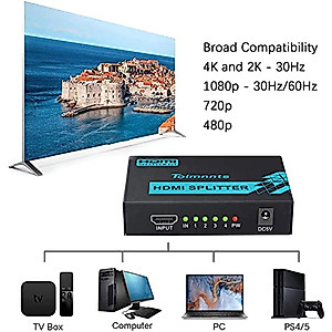 Tolmnnts HDMI Splitter 1 in 4 Out Powered by AC Adapter, Hdmi powered Splitter Supports 4K@30Hz 3D Full HD1080P, Compatible with Xbox PS3 PS4 Fire Stick Roku Blu-Ray Player HDTV - 1 Input to 4 Outputs