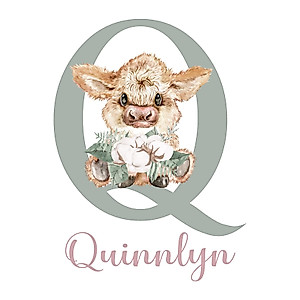 Personalized Watercolor Highland Cow Sage Green and Dusty Rose Rustic Cotton Farmhouse Baby Nursery Unframed Print