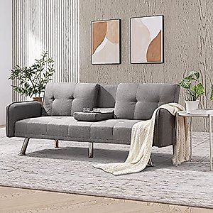 SoarFlash Twin Size Convertible Futon Sofa Bed Modern Loveseat Sofa for Living Room,Bedroom Upholstery Fabric Sleeper with Armrest and 2 Cup Holder,Light Grey