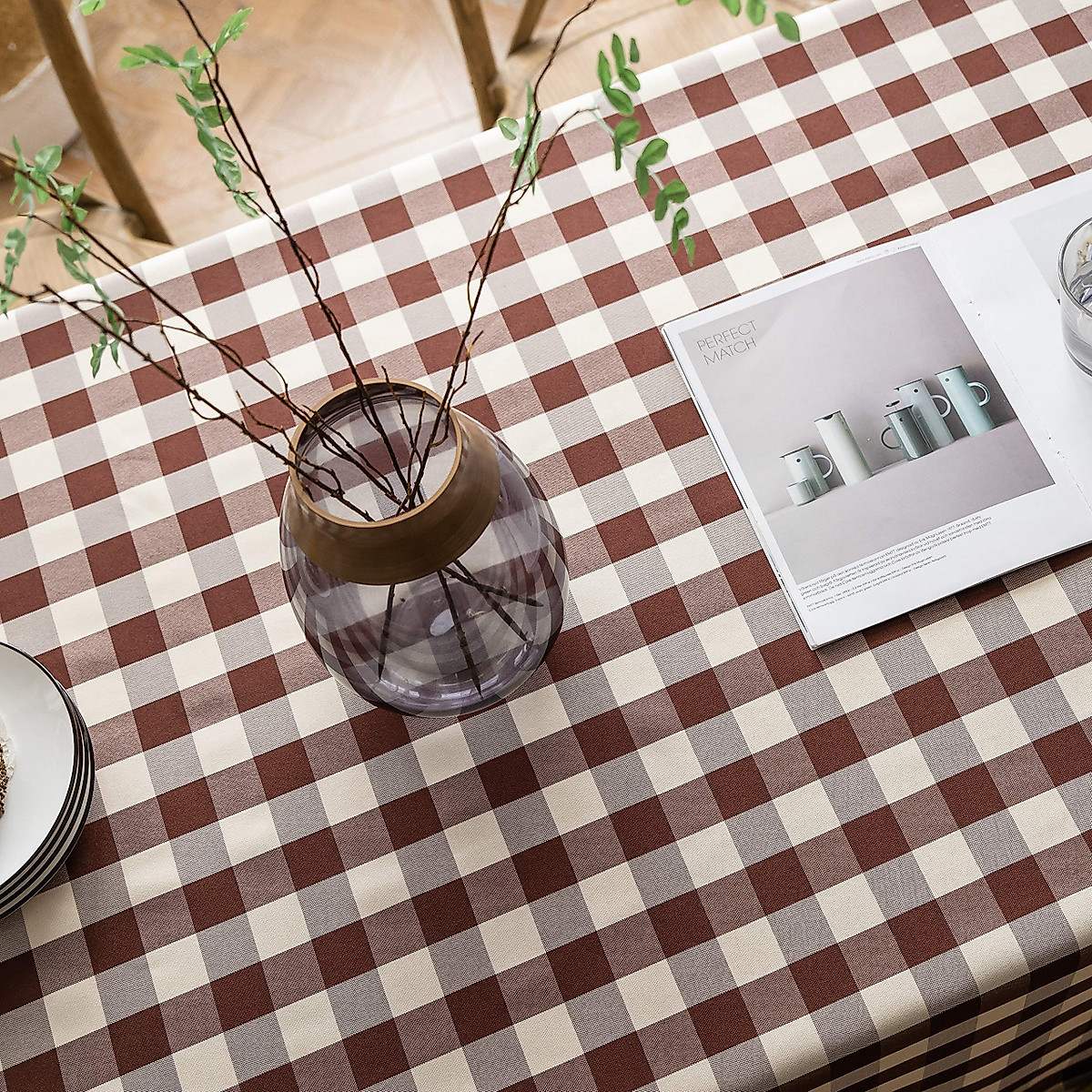 Aquazolax Plaid Graduation Tablecloth Rectangular, Large Checkered Table Cloth for 6ft Long Rectangle Tables, Buffalo Fabric Covers for Dinning/Kitchen, 60x84 inch, Brown
