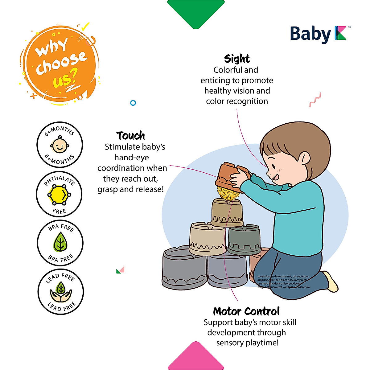 BABY K Baby Stacking Cups Toy (9 Pieces) - Silicone Stacking Cups for Babies 6-12 Months - Nesting Cups Baby Toy with Sensory Baby Ball Toy and Growth Journal - Stackable Cups for Baby Motor Skills