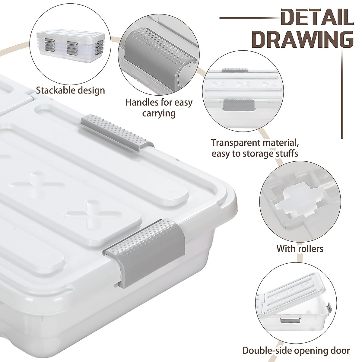Beeveer 4 Pcs Plastic Under Bed Storage Containers with Double Opening Lids Wheel Handle, Transparent Large Capacity Stackable Latching Storage Bins for Closet Bedroom, 31.5 x 15.8 x 5.2 Inch(White)