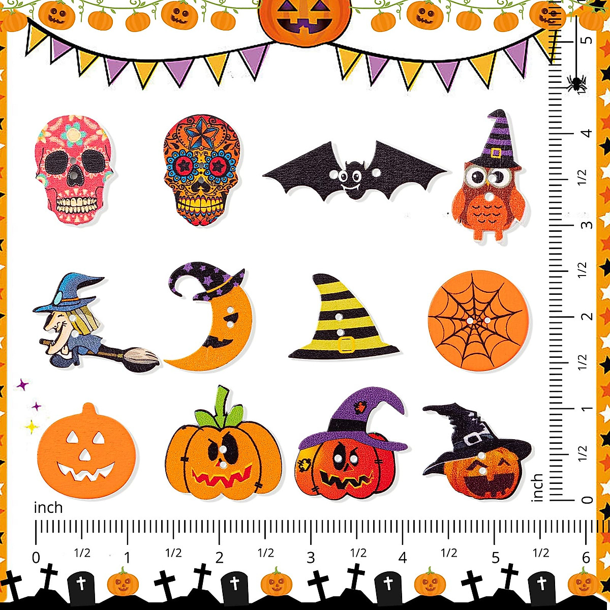 Halloween Buttons for Crafts - 200 Pcs Halloween Pumpkin Skull Witch Bat Shaped Wooden Fall Buttons for Crafts Sewing Clothes Accessories Scrapbooking DIY Halloween Decorative Embellishments 1 in