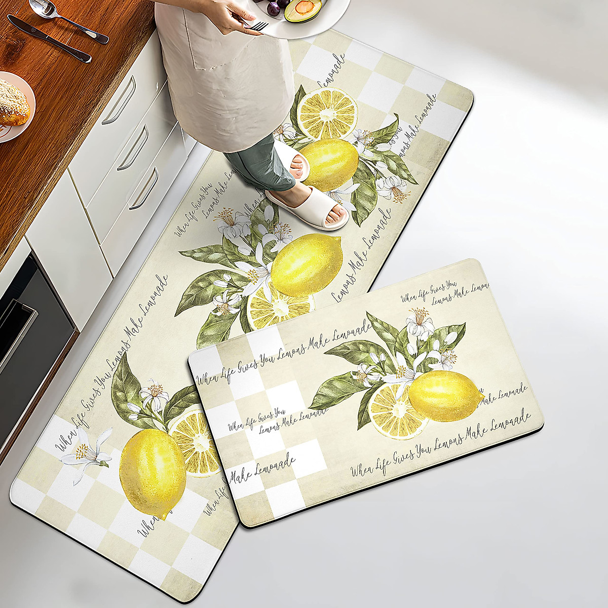 Lemon Kitchen Rug Set of 2 Buffalo Plaid Anti Fatigue Non-Slip Kitchen Mats Yellow Comfort Standing Mat Waterproof Farmhouse PVC Carpet for Kitchen Laundry Office Sink (17.3" x28" + 17.3" x 47")