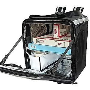 PK-76F: Large Doubledeck Insulated Pizza/Food Delivery Backpack, 16"x 15"x 18", with Divider, Cup Holder. Waterproof Thermal Food Take-Out Box, Keep Hot/Cold, 76Liters (Black)