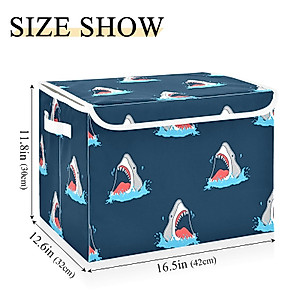 VIGTRO Large Collapsible Storage Bins with Lids Hand Drawn Shark, Summer Storage Baskets Organizer Containers with Handles for Home Bedroom Office