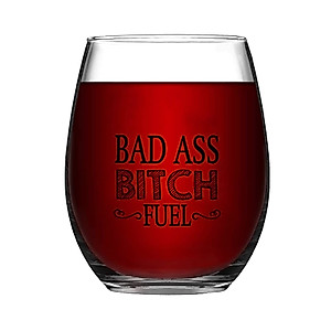 Mousus 17oz Stemless Wine Glass Bad Ass Bitch Fuel Drinking Glass Glassware for Red or White Wine Cocktails Perfect For Homes & Bars Party Supplies Decorations