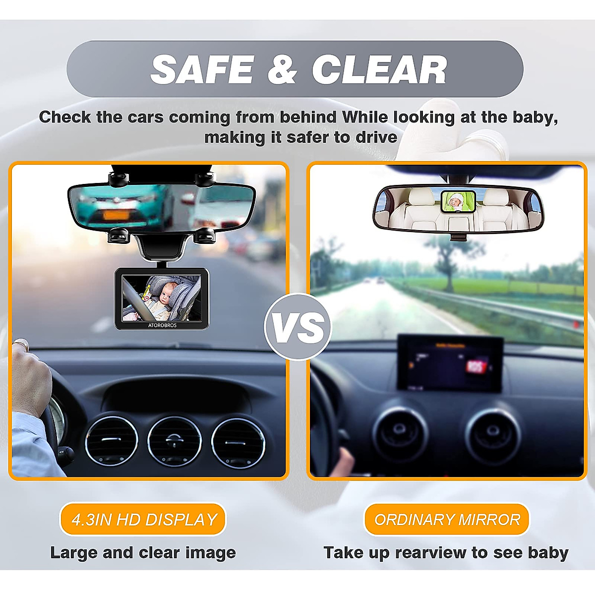 Baby Mirror for Car, ATOROBROS Baby Car Camera for Rear-Facing Seat with 4.3'' HD Display, Upgrade 360° Rearview Mirror Display Bracket, Easy and Safe to See Baby while Driving