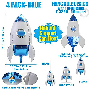 4D 23'' Giant Universe Space Rocket Balloons, Science Fiction Interstellar Rocket Helium Mylar Foil Balloons, 4 Pack Astronaut Theme Outer Space Party Suppliers Birthday Decoration (Blue), with Ribbon
